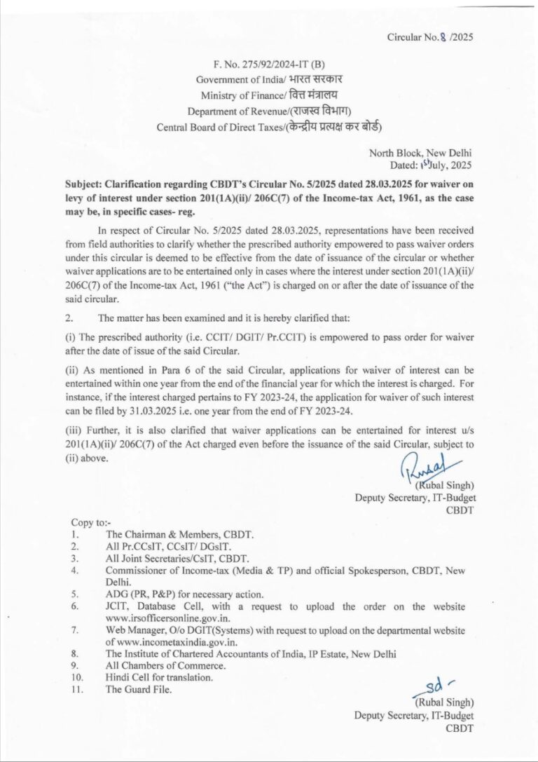 CBDT Issues Circular No. 08/2025: Waiver of Interest Under Sections 201 ...